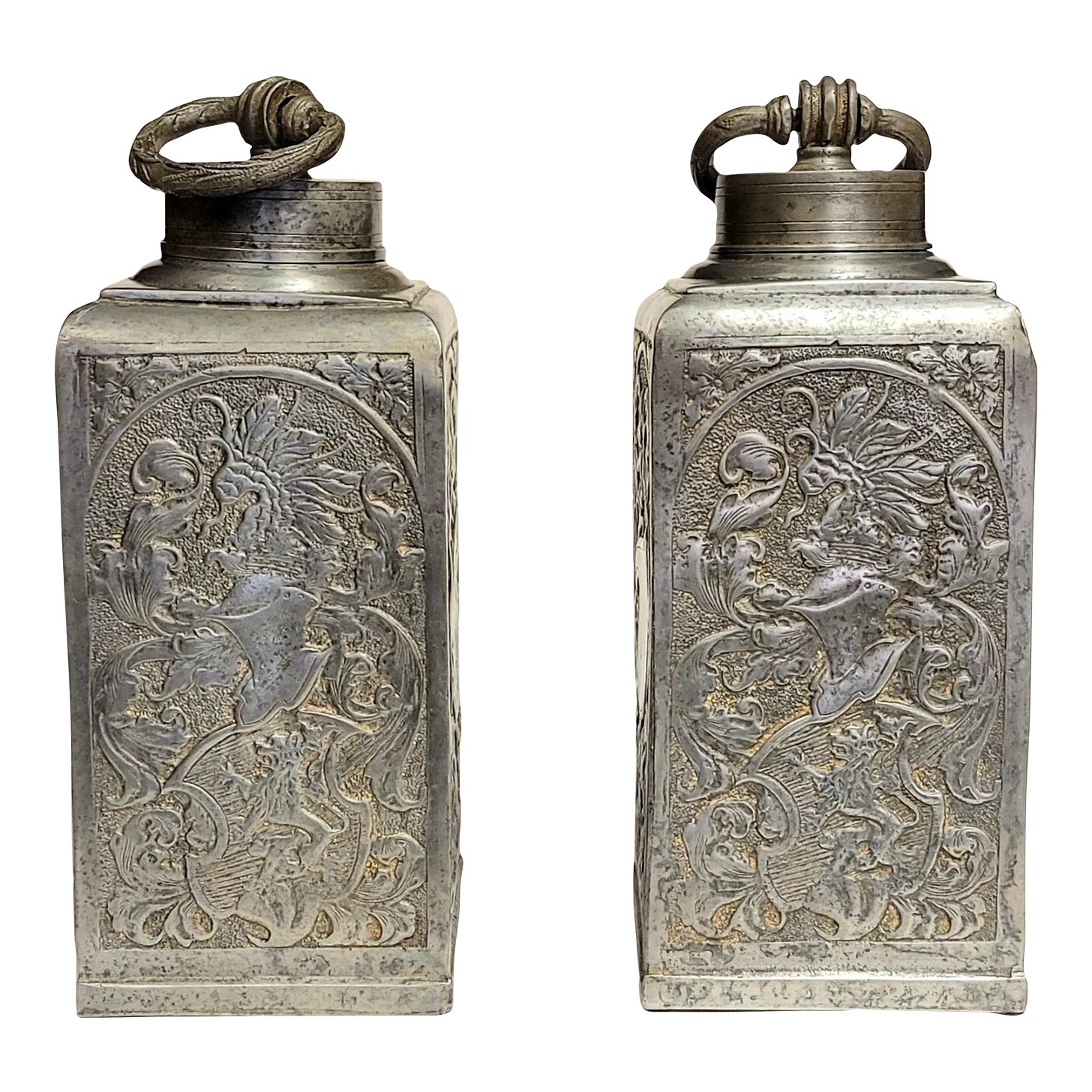 Pair of 1880s, Antique Pewter Tea Canisters Embossed With Heraldry ...