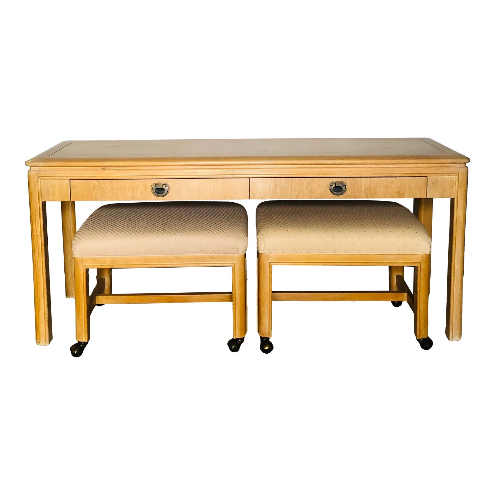 Drexel Heritage Campaign Style Console Table With Two Ottomans - Set of ...