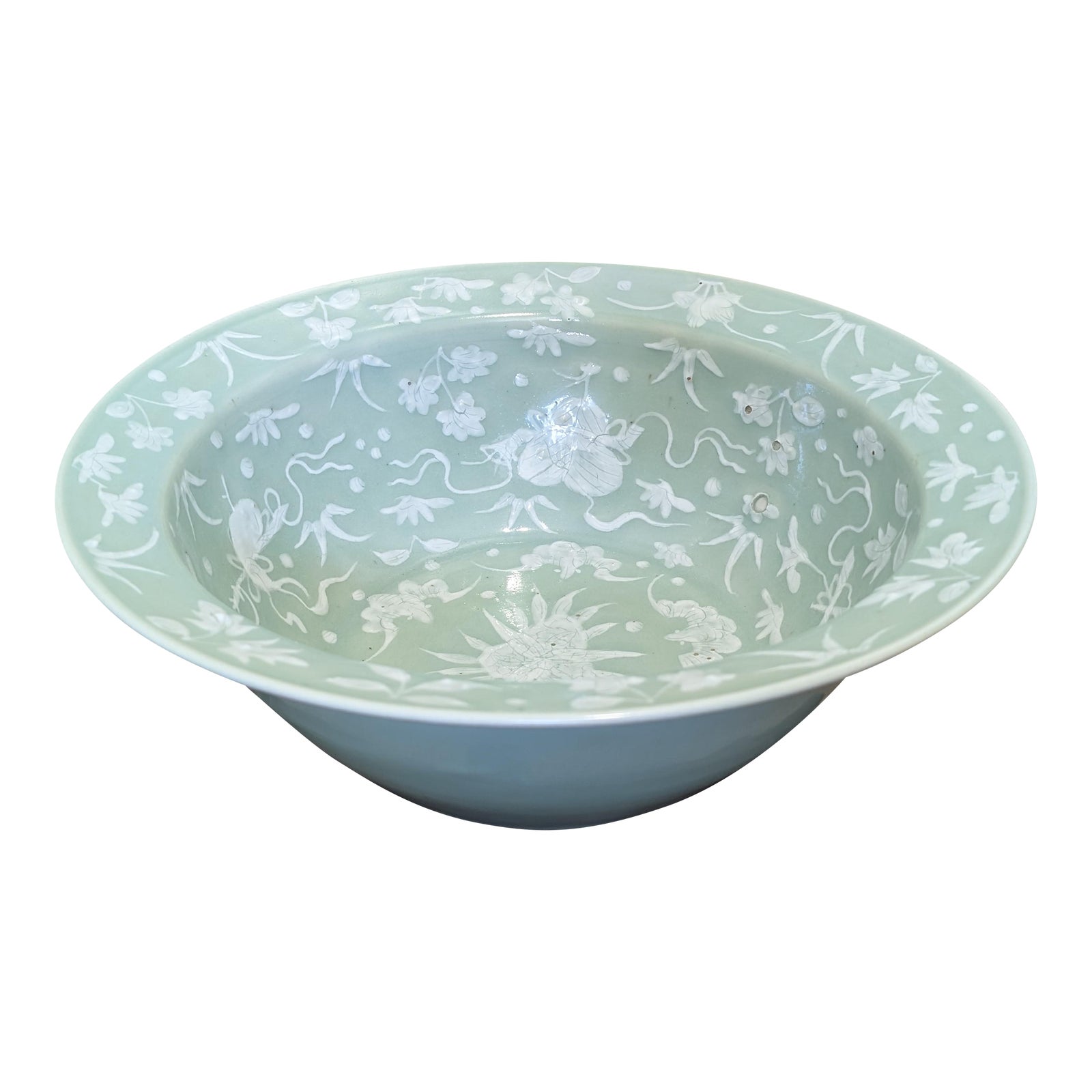 A Large Antique Chinese Celadon Porcelain Wash Basin With Slip ...