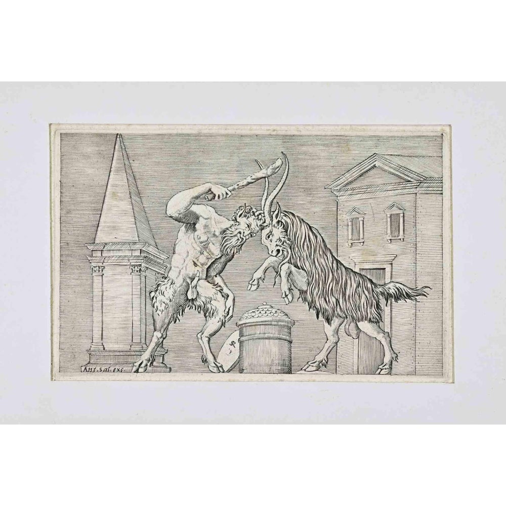 Marco Gatti, A Satyr and a Ram Clashing, Etching, 16th Century | Chairish