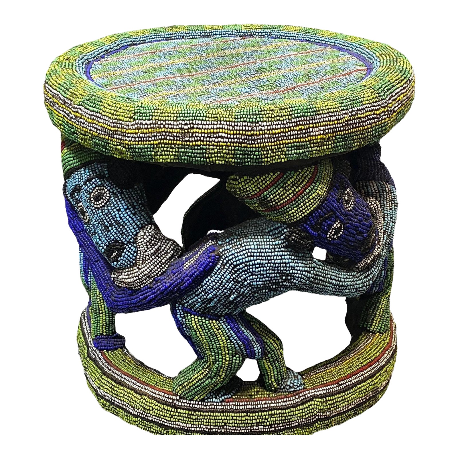 Lg Nobility Beaded Wood Bamileke Throne /Table/ Stool Cameroon 19.5" D ...
