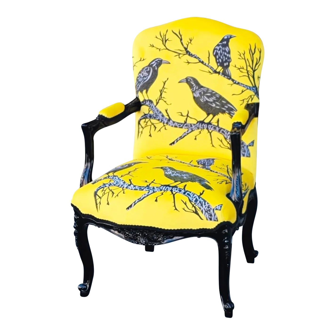 1960s Gothic Raven Crow Yellow Velvet and Embroidery Armchair | Chairish