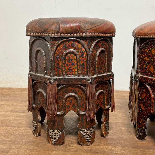 Late 20th C.. Moroccan Stools With Goat Hide Seats - a Pair | Chairish