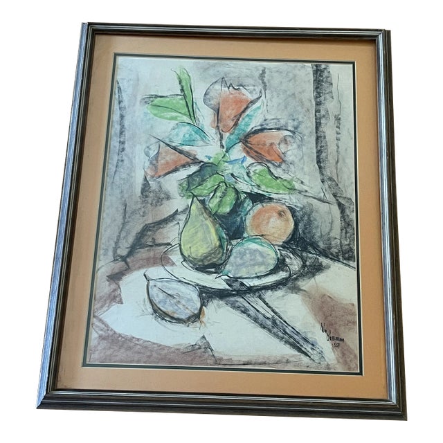 1951 William Oberman Modern Cubist Still Life Pastel Drawing of Flowers ...