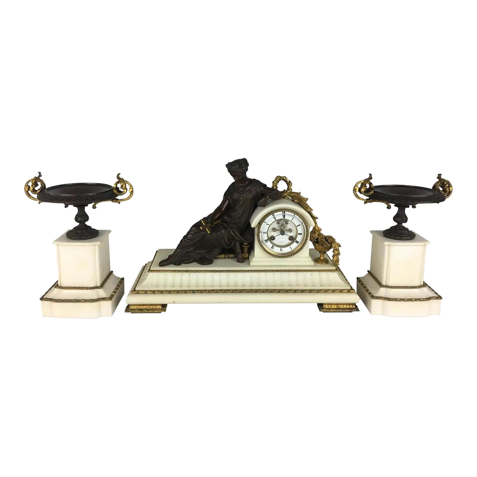 19th Century Neoclassical Gilded Bronze and White Marble Mantel Clock ...