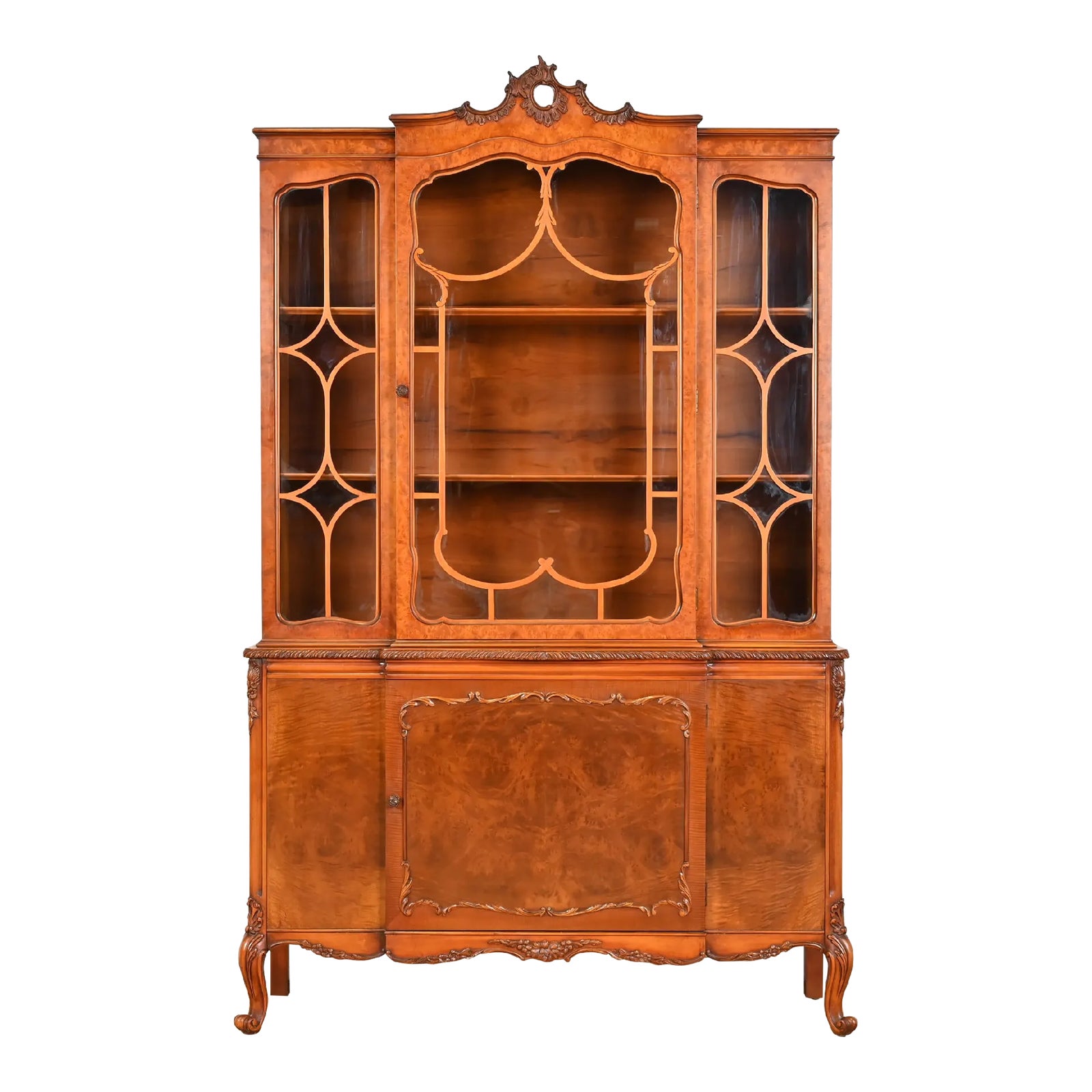 Romweber French Provincial Louis XV Burl Wood Breakfront Bookcase ...