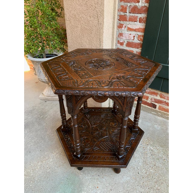 19th Century French Carved Oak Center Side Table Hexagon Two Tier Shelf ...