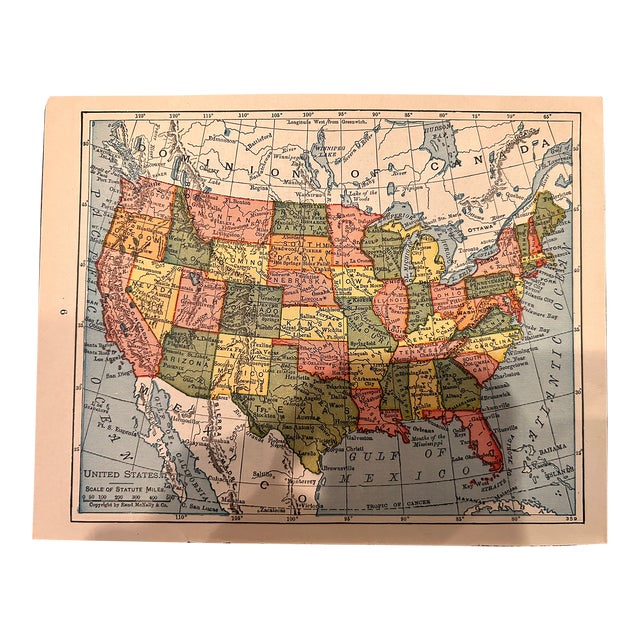 Vintage 1928 Colorful Map of the Us | Chairish