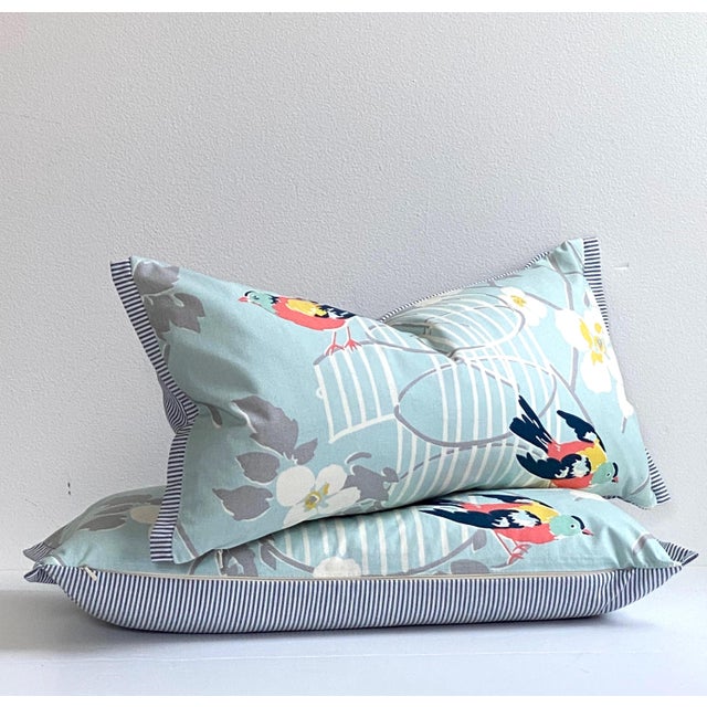 Kate Spade Birdsong Aqua Pillow with Blue Ticking Stripe on Back and ...