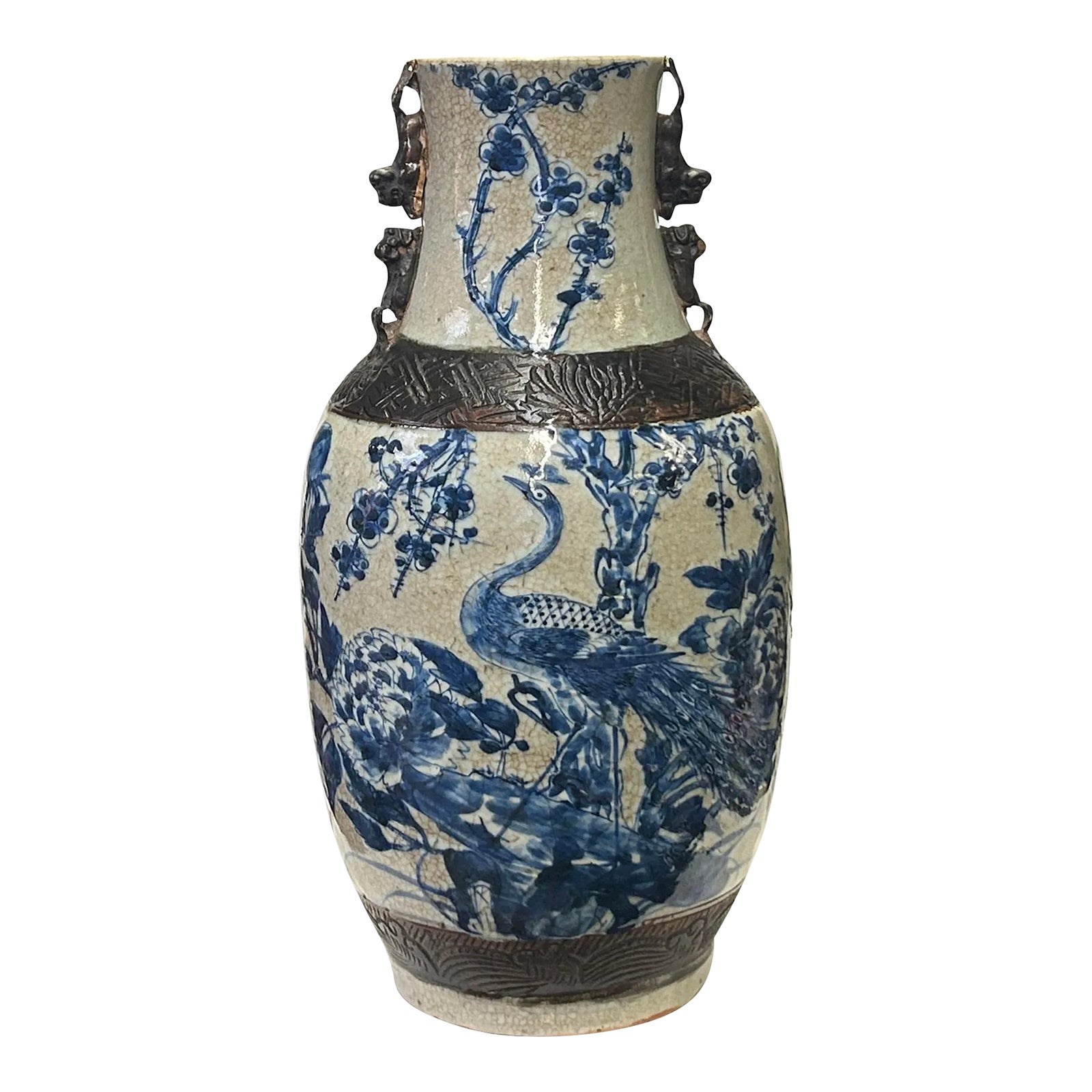 Vintage Chinese Crackle Ceramic Blue White Flower Birds Vase | Chairish