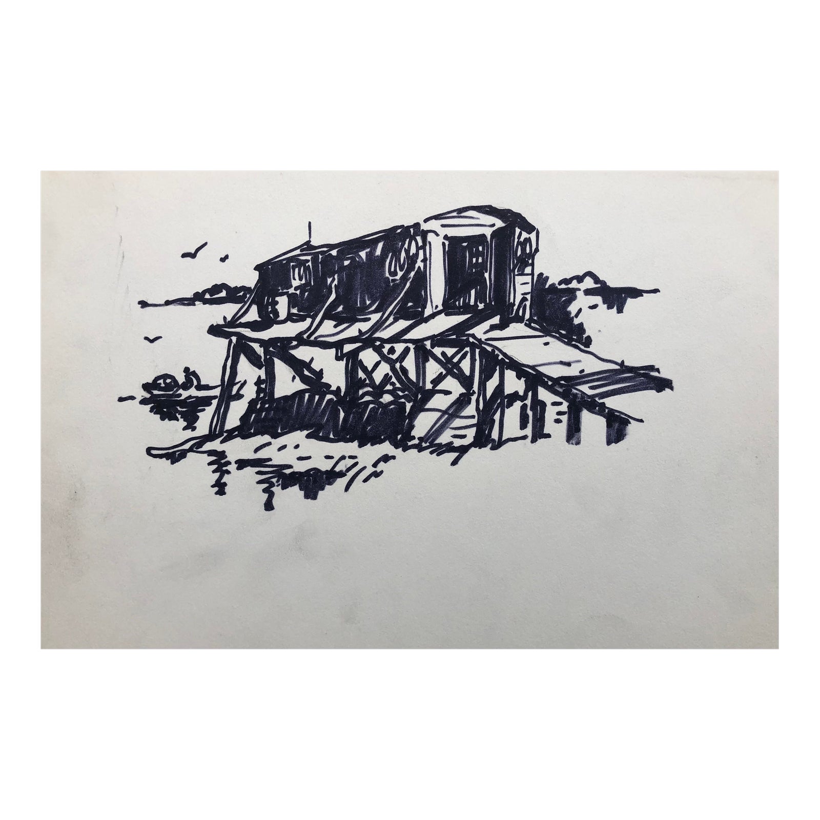1950s Norman Kent Fishing Shack Drawing | Chairish