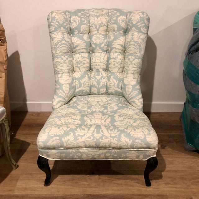 Blue & White Linen Damask Reading Chair | Chairish