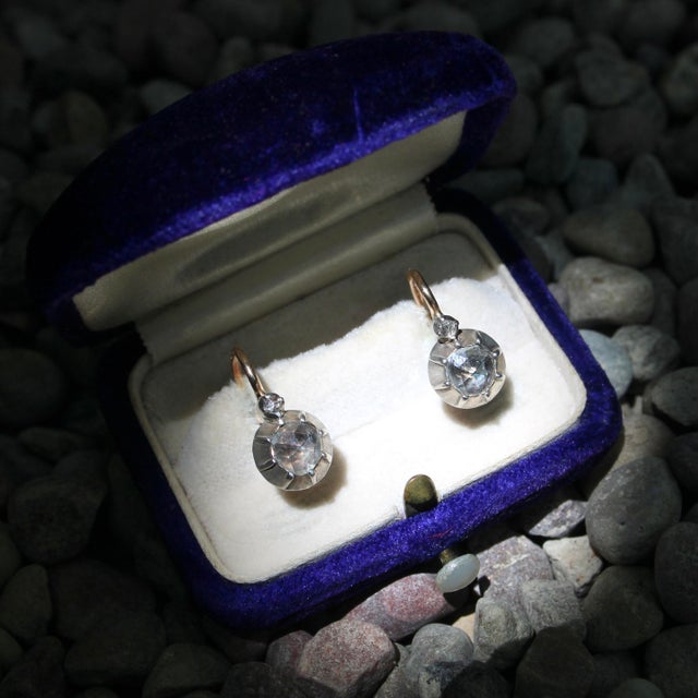 Late 19th Century 14k Gold and Silver Victorian Rose Cut Diamond Collet Set Dormeuse Earrings ...
