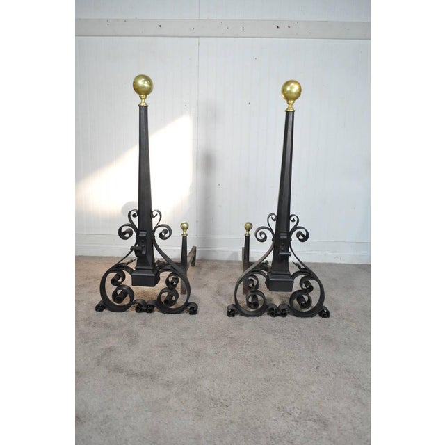 Antique Hand-Wrought Iron and Brass Arts & Crafts Andirons After Samuel ...