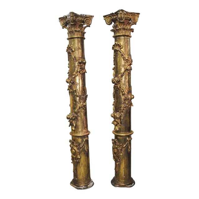 Ancient Carved Wood Gold Leaf Columns, 18th Century, Set of 2 | Chairish