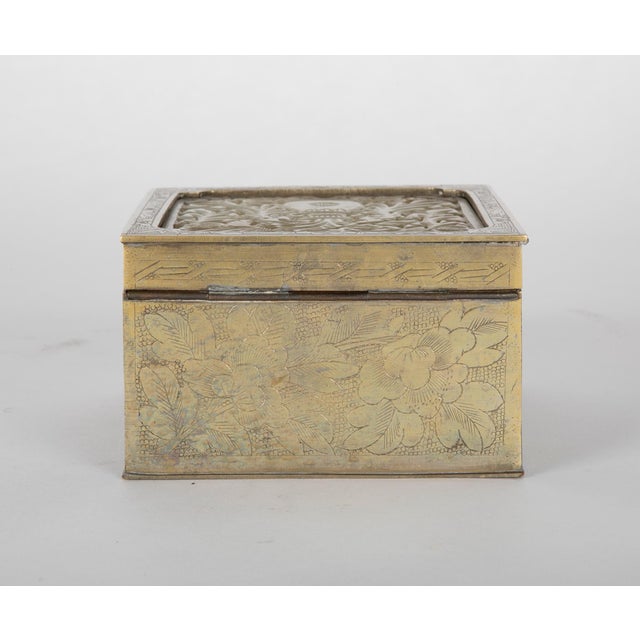 Circa 1900 Chinese Etched Brass Box with Carved Jade Inset Top | Chairish
