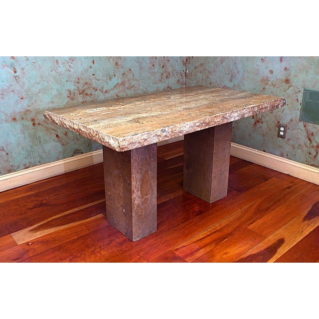 Vintage Natural Stone Dining Table With Double Pedestal Base | Chairish