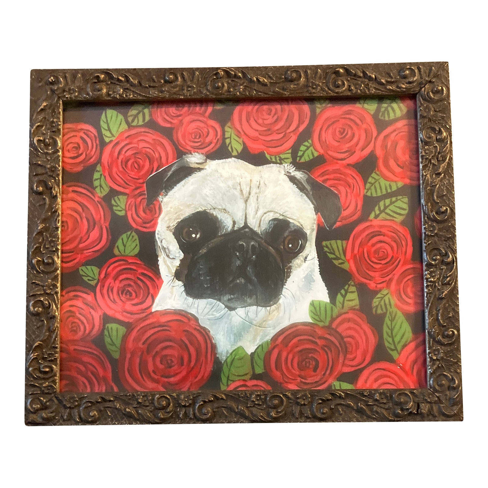 Contemporary Judy Henn Pug in Red Roses Dog Print Vintage Frame | Chairish