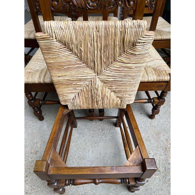 Set 6 Vintage English Dining Side Chairs Carved Oak Rush Seat Yorkshire ...