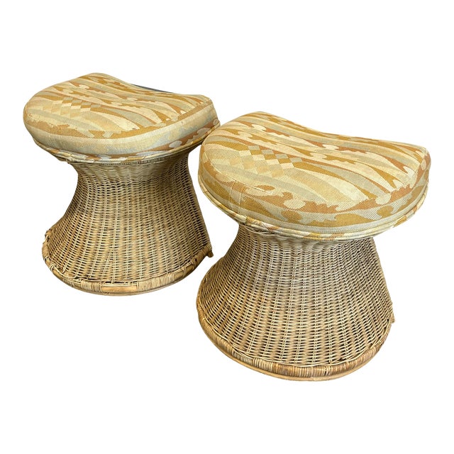 1970s Vintage Upholstered Rattan Ottomans/Stools- a Pair | Chairish