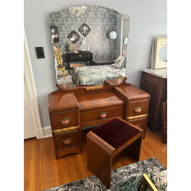 1930s Art Deco Waterfall Vanity With Mirror and Bench - Set of 2 | Chairish