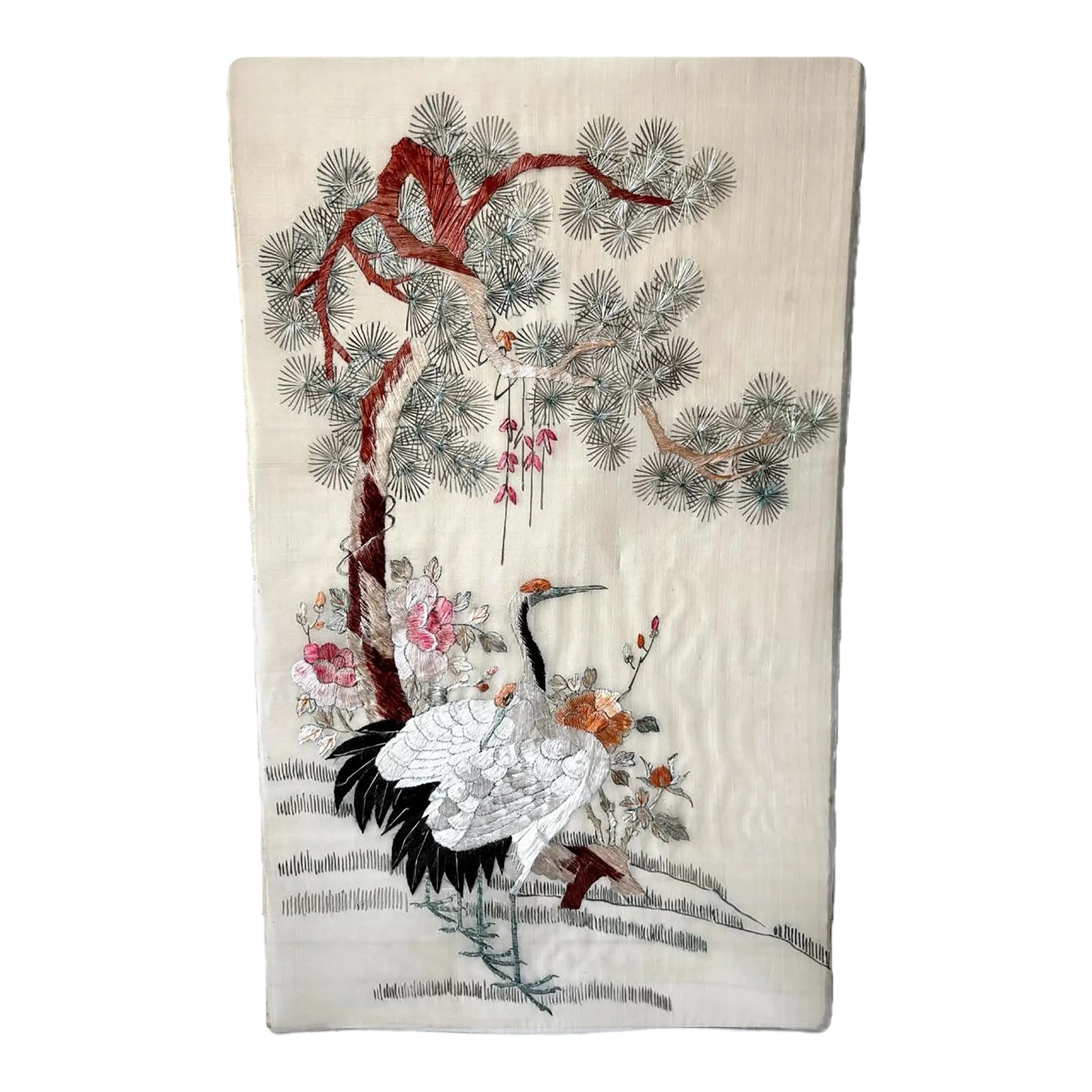 Antique Chinese Silk Embroidery Panel, Hand-Stitched Crane & Pine | Chairish