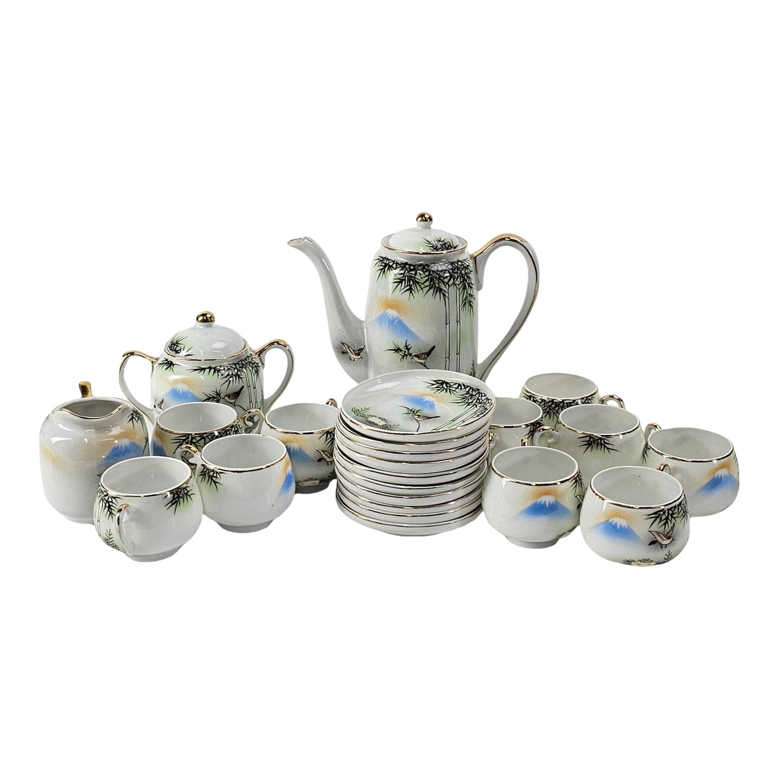 Fukagawa Lithopane Bone China Fuji Tea Set Geisha Set of 23 | Chairish