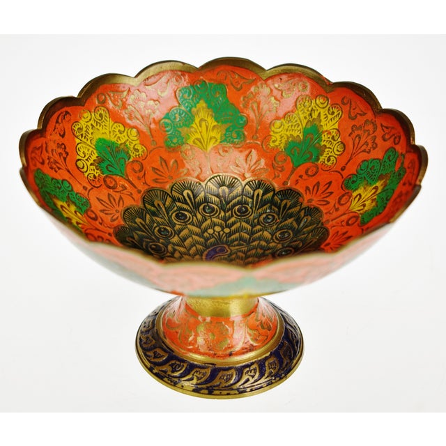 Vintage Enamel Painted India Brass Compote | Chairish