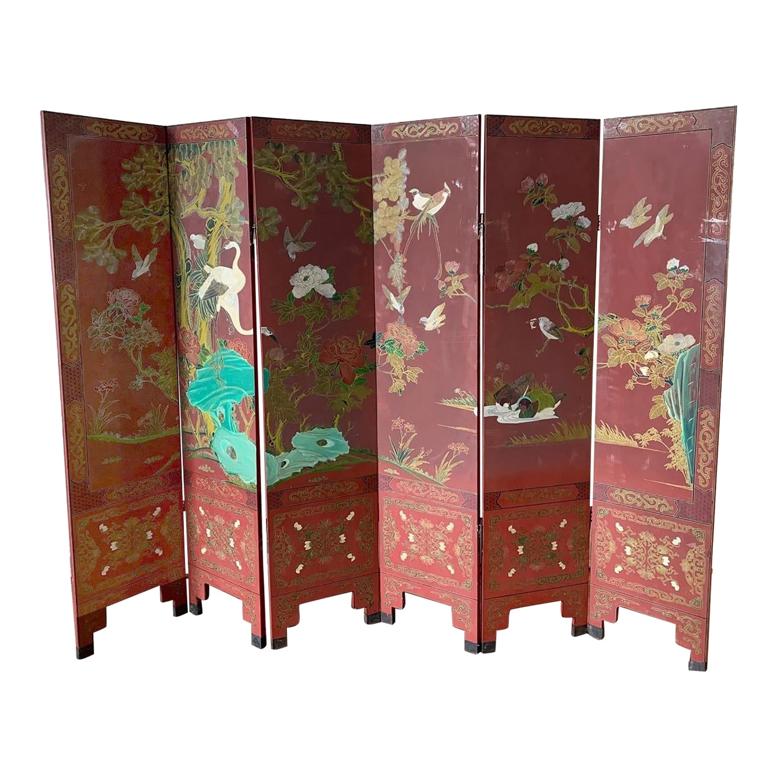 Antique Oriental Asian Red Coromandel Six Panel Folding Screen Birds in ...