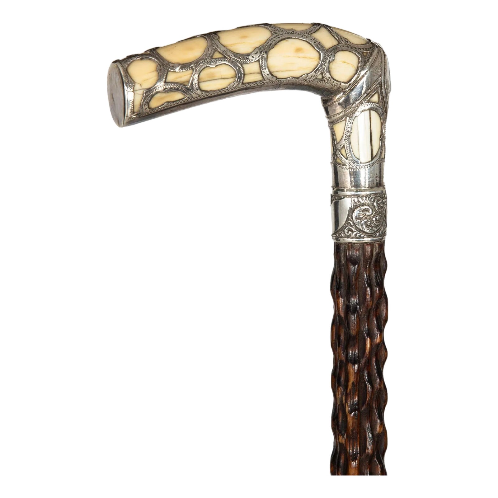 Vintage Carved Hardwood Sterling Silver Overlaid Cane Walking Stick ...