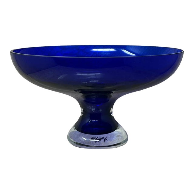 Vintage Cobalt Blue to Clear Pedestal Hand Blown Art Glass Concave Bowl ...