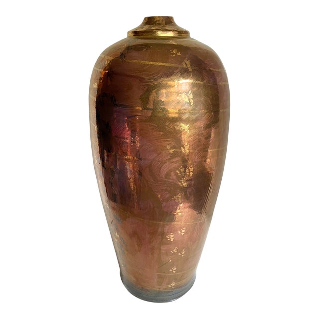 Signed Original Copper Metallic Finish Impressive Pottery Vase | Chairish