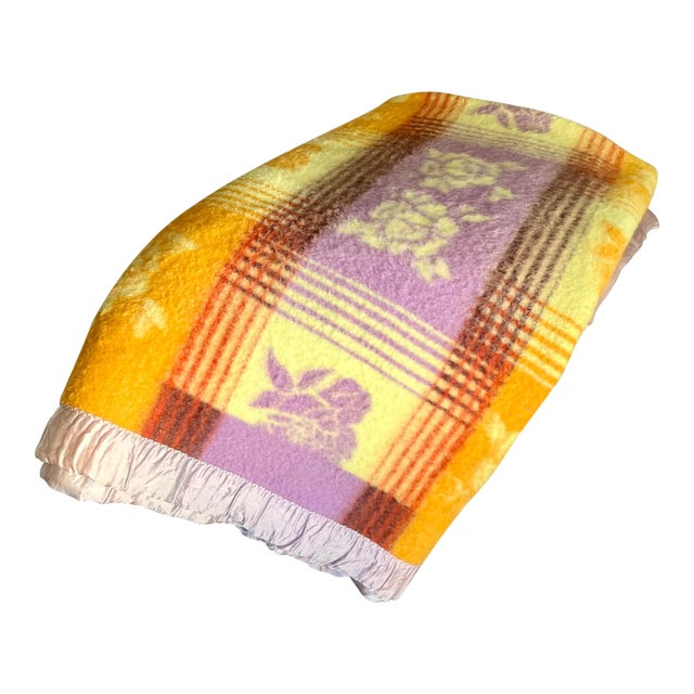 Mid Century Spanish Wool Floral Plaid Blanket | Chairish