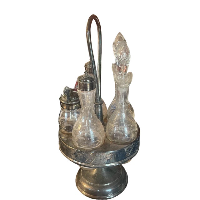 Antique Meriden B Company 5 Piece Condiment Set, Etched Glass, Spoon ...