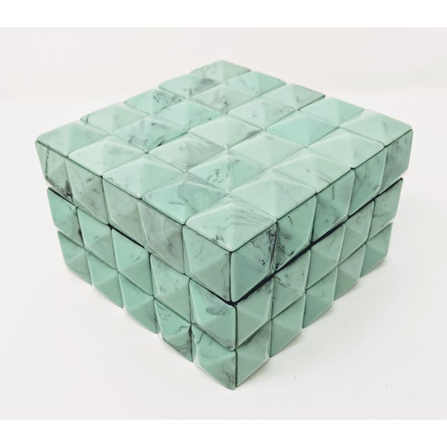 Cubism Geometric Style Turquoise Resin Covered Square Box | Chairish