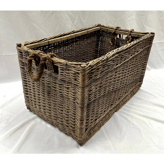 Mid 20th Century Vintage Belgian Woven Wicker Basket Crate With Rope ...