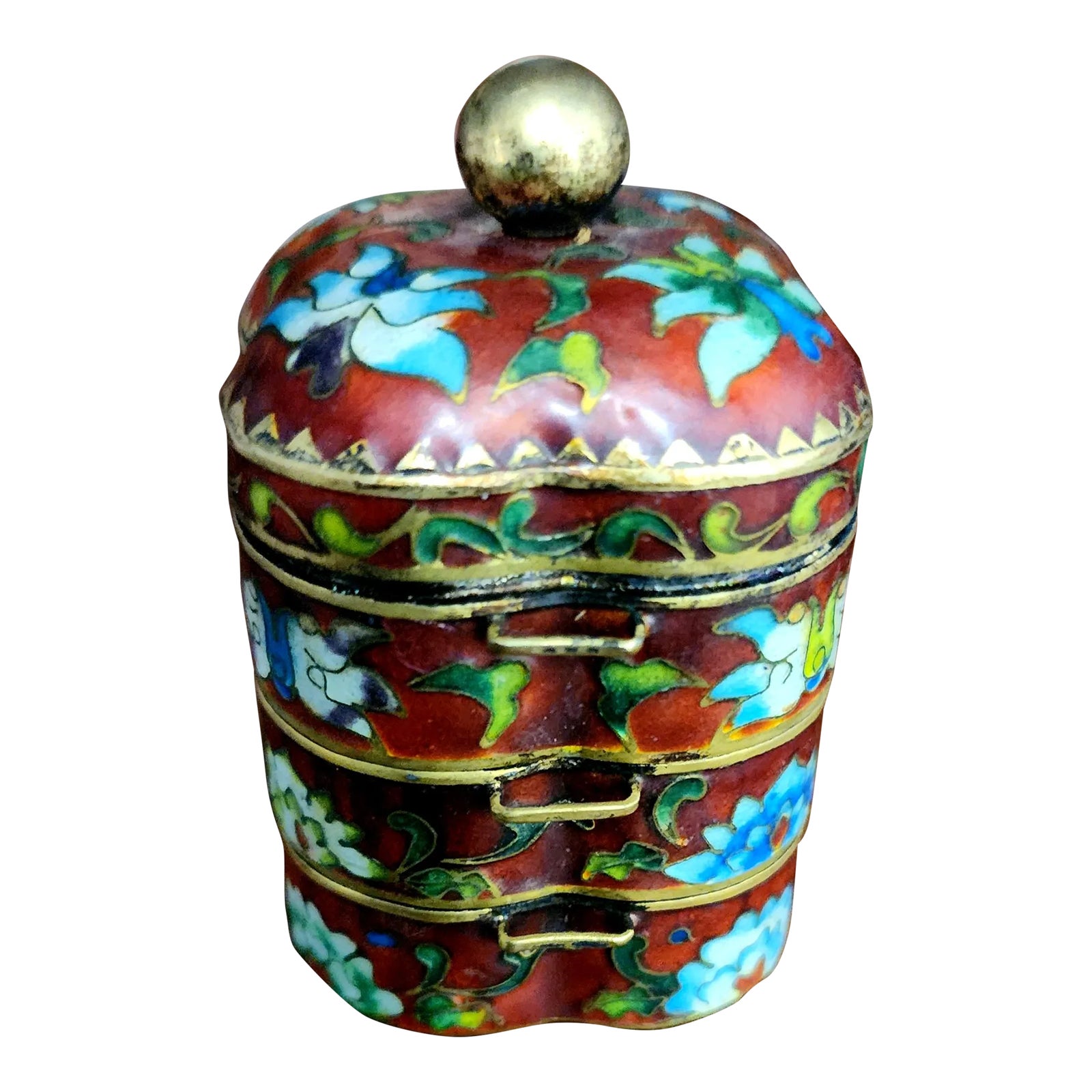 Chinese Vintage Cloisonne Fine Enamel Flower Stacking Boxes | Chairish