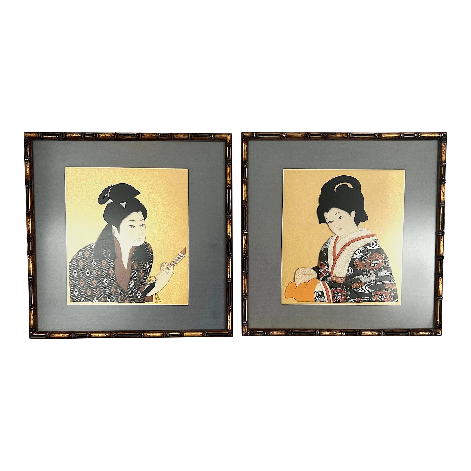 The Geisha and the Samurai, Giltwood Framed Fabric Dimensional Wall ...