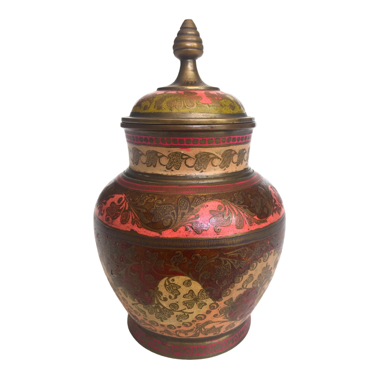 Vintage Mid Century India Brass Incised Multicolor Enamel Incense Urn ...