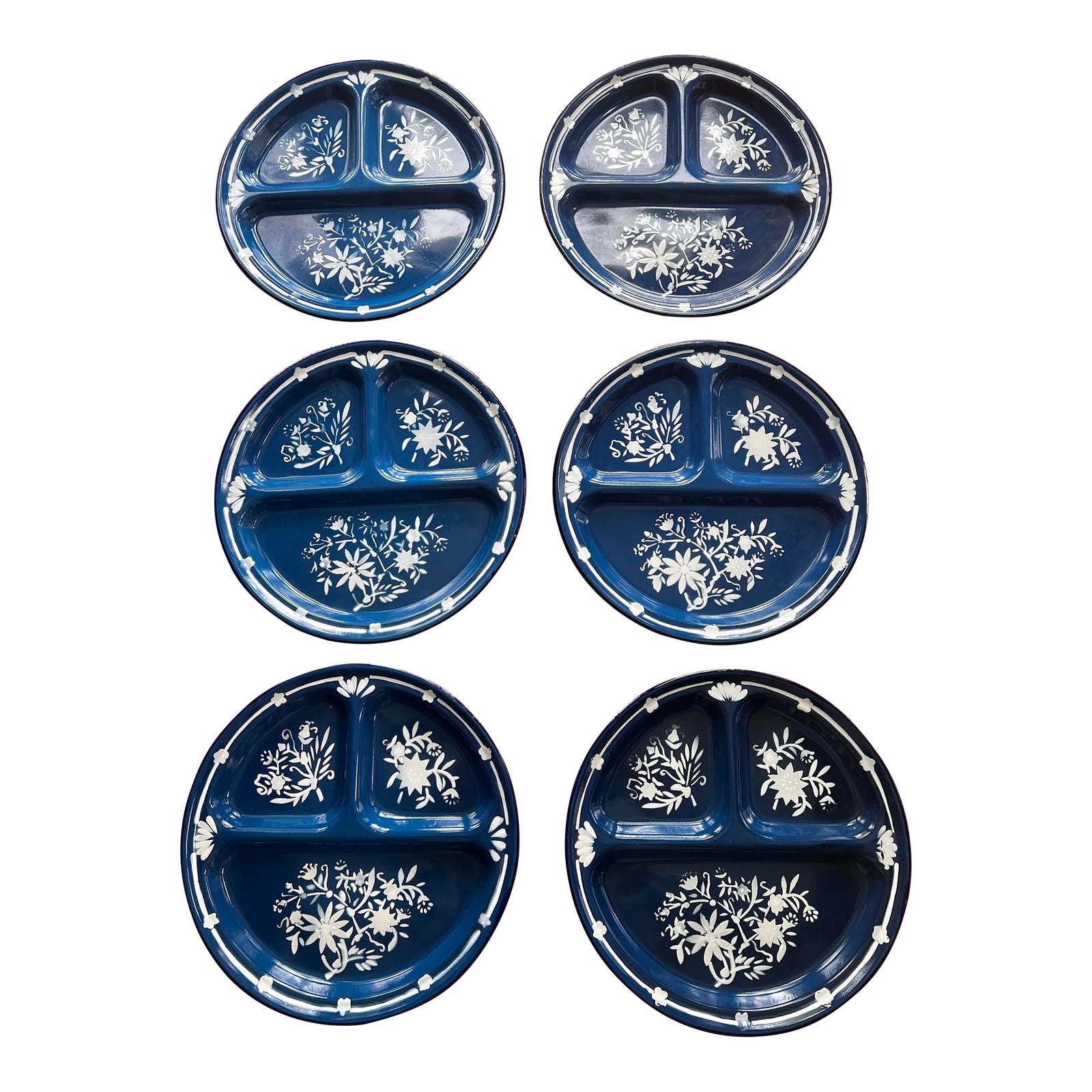 Vintage French Blue Enamelware Divided Plates - Set of 6 | Chairish