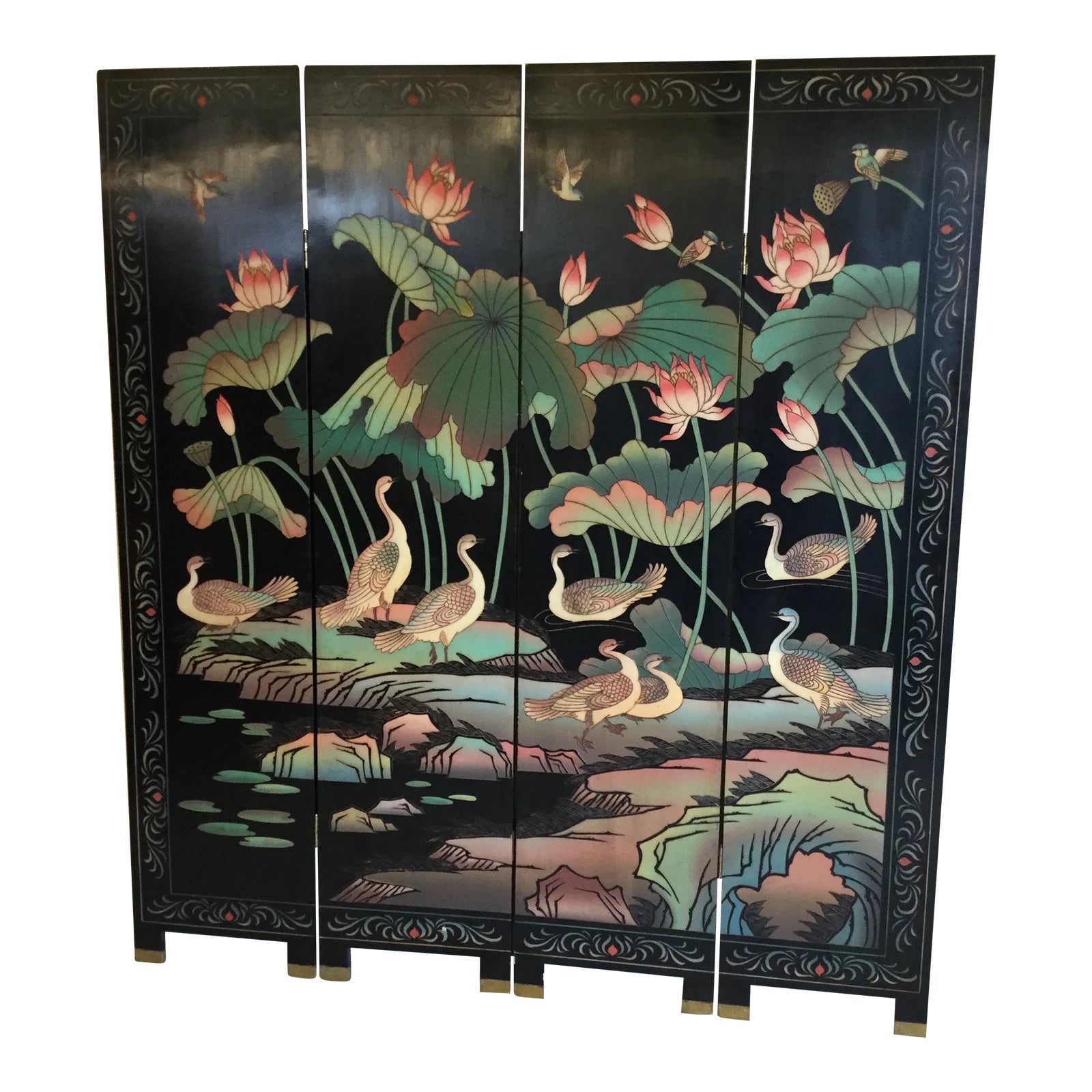 Asian Themed 4 Panel Screen Room Divider | Chairish