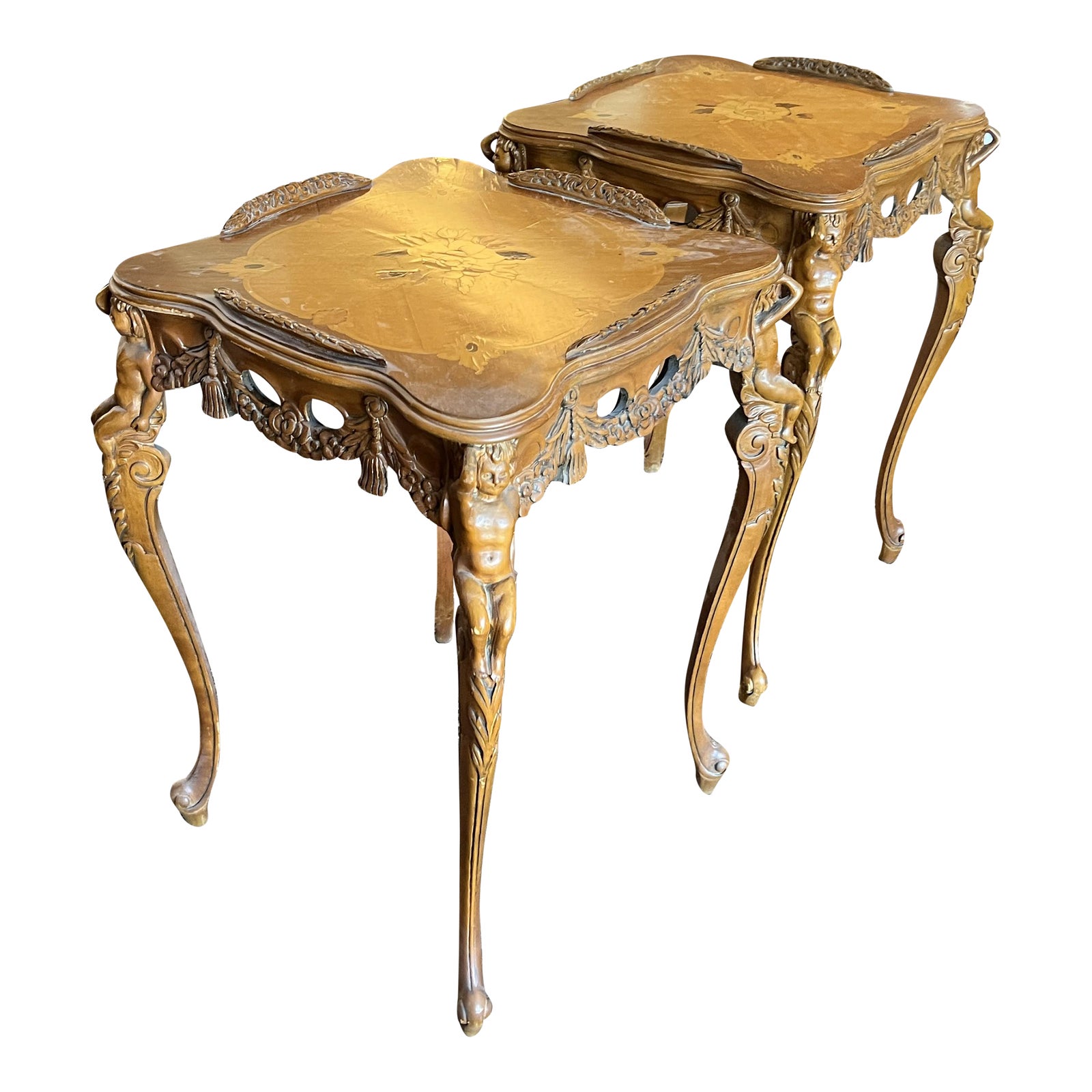 Pair of French Design Vintage End Tables W/ Marquetry & Cherub Motif ...