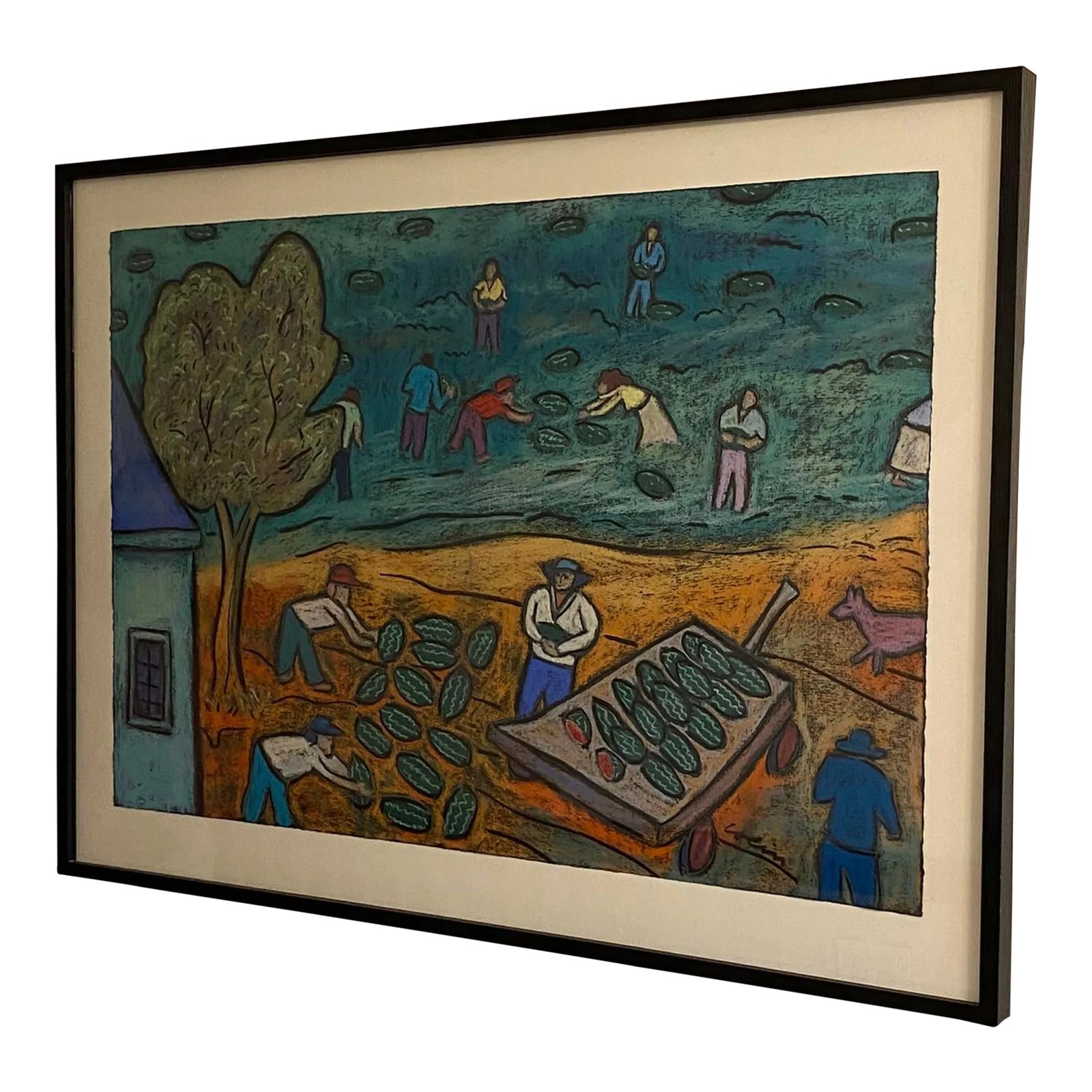 Vintage Large Framed Pastel "Watermelon Picker" by George Colin Folk ...