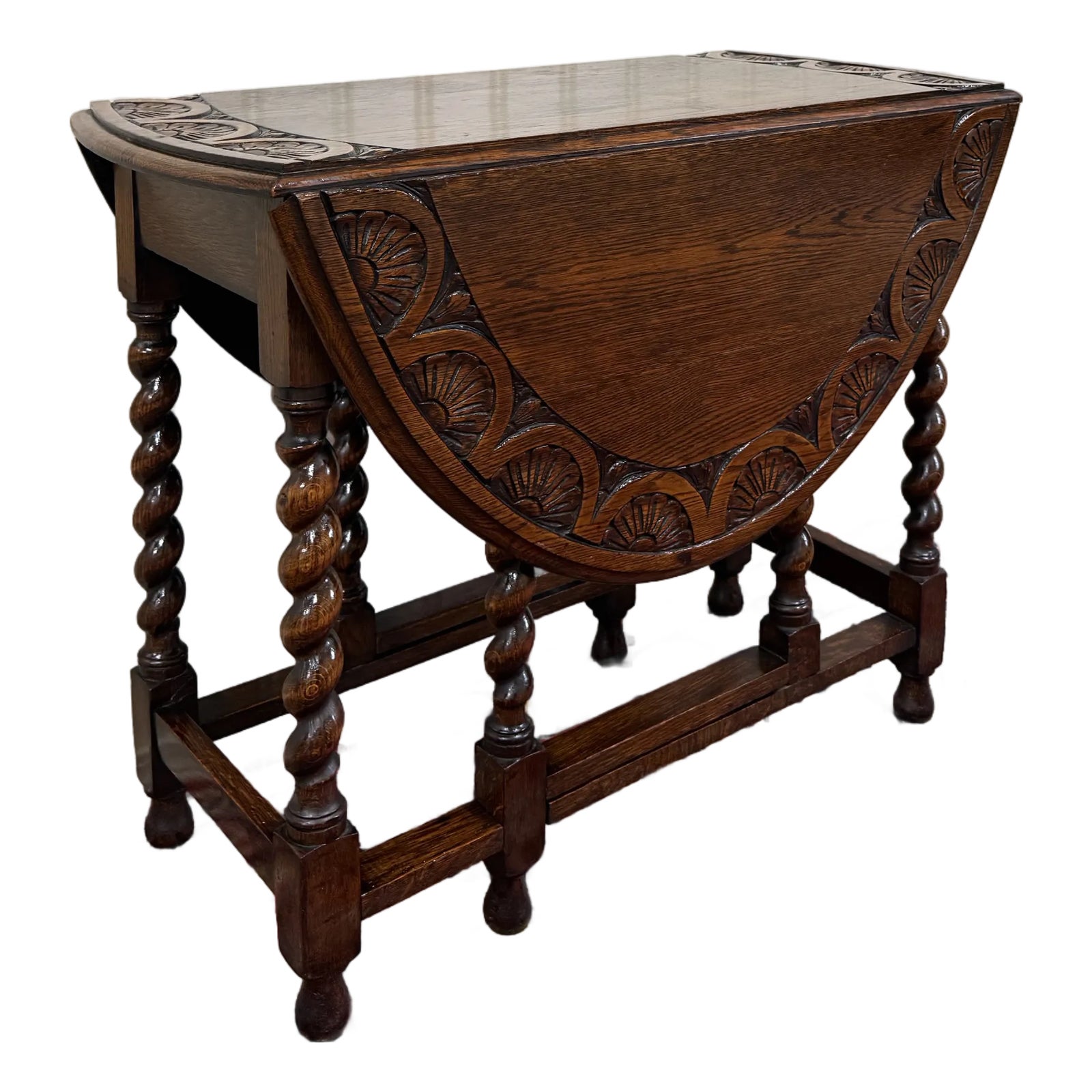 Antique English Table Drop Leaf Gateleg Carved Top Barley Twist Oak C ...