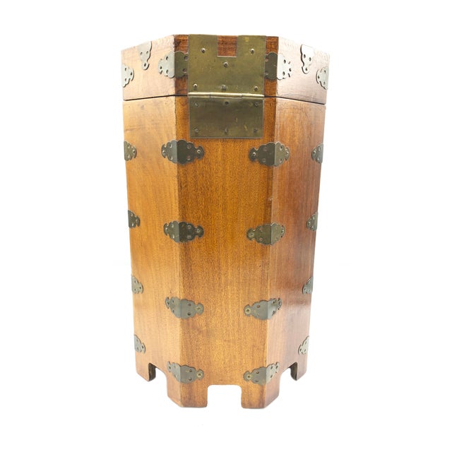 Mid-Century Tall Octagonal Wooden Box With Brass Hardware | Chairish