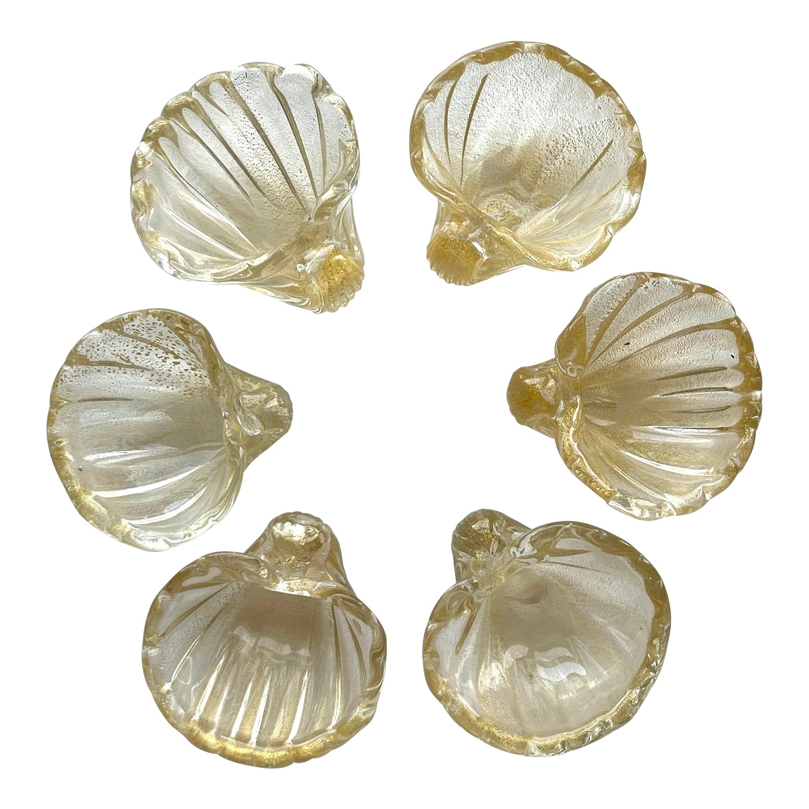 Set/6 Murano Gold Leaf Shell Shaped Salt Cellars, Nut Bowls | Chairish
