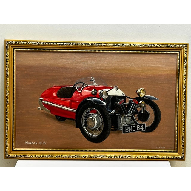 Vintage British Oil Painting of a Red Morgan 1935 V-Twin Three Wheeler ...