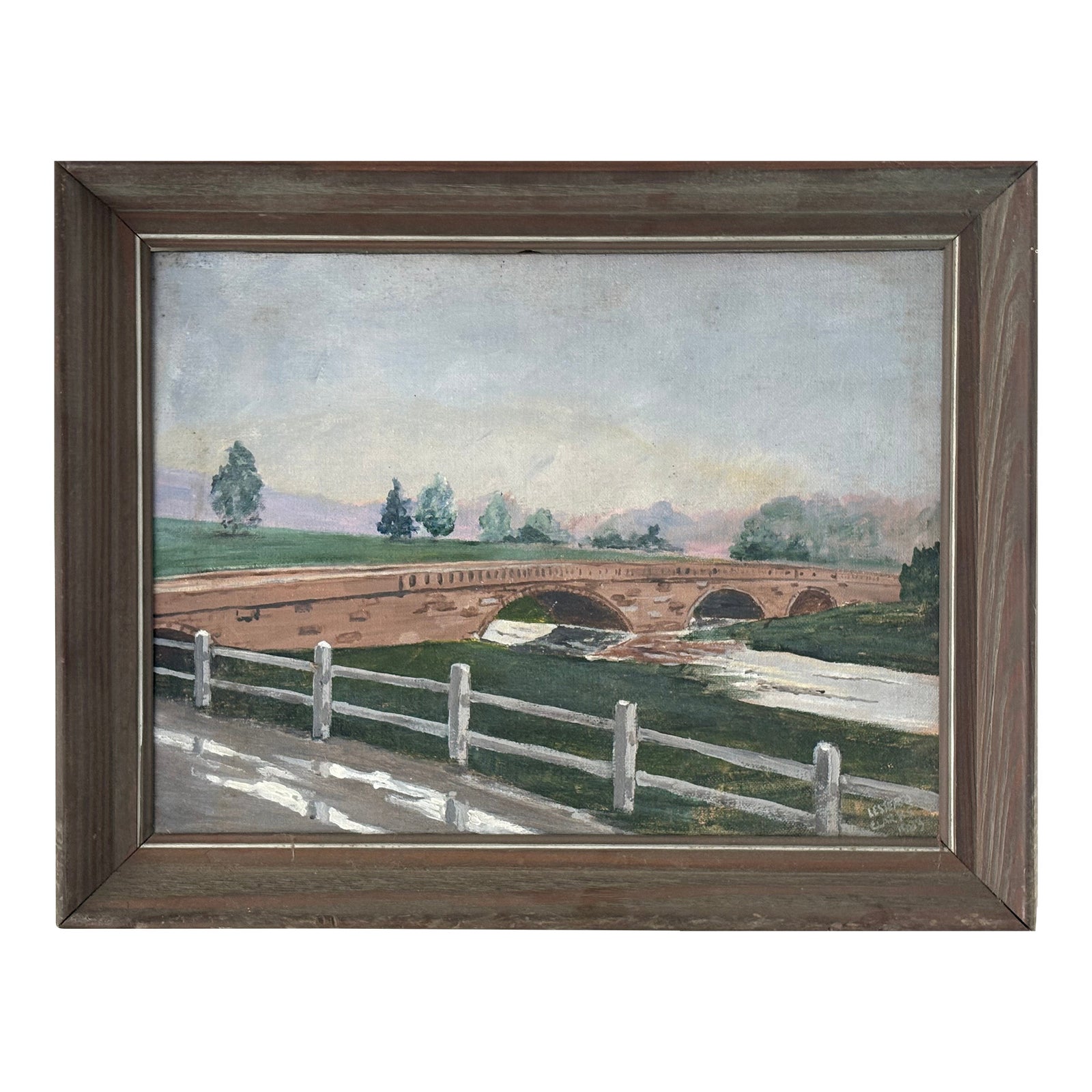1990s Oil Painting - Landscape With Arched Stone Bridge and River by ...