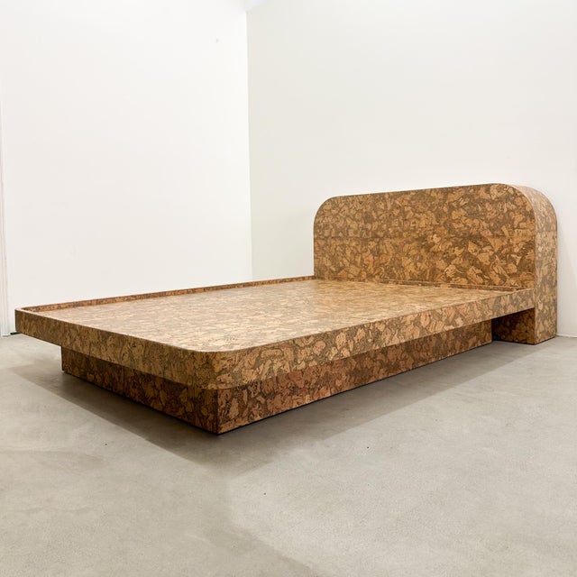 Vintage Mid-Century Modern Queen Cork Platform Bed & Headboard 70s 80s ...