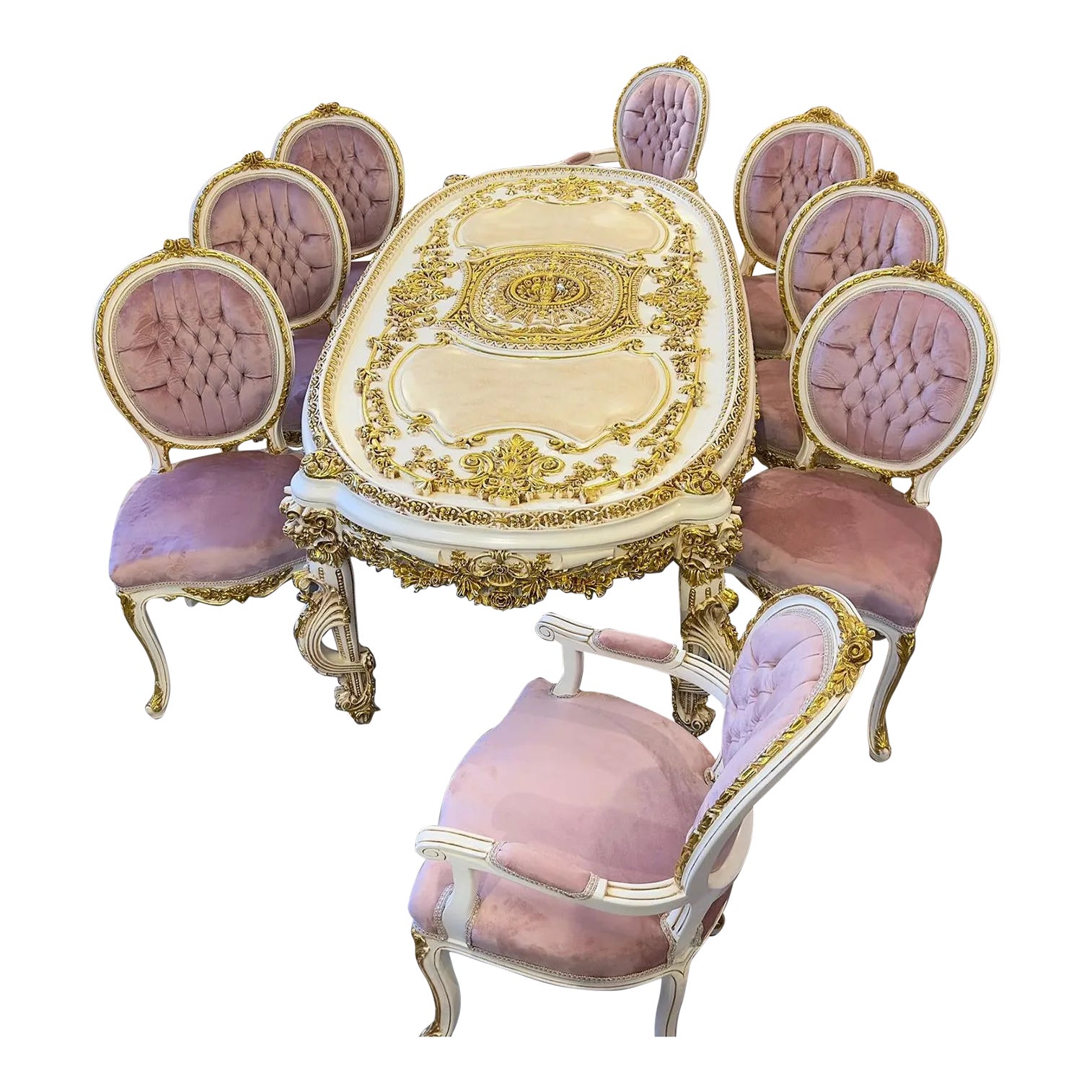 French Rococo Style Pink and White Dining Table and Chairs - Set of 9 ...